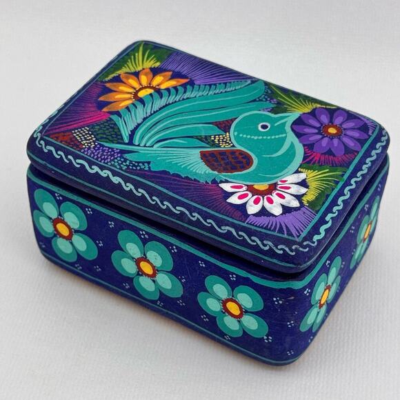 unknown | Accents | Mexican Folk Art Trinket Box Bird Handpainted Blue ...